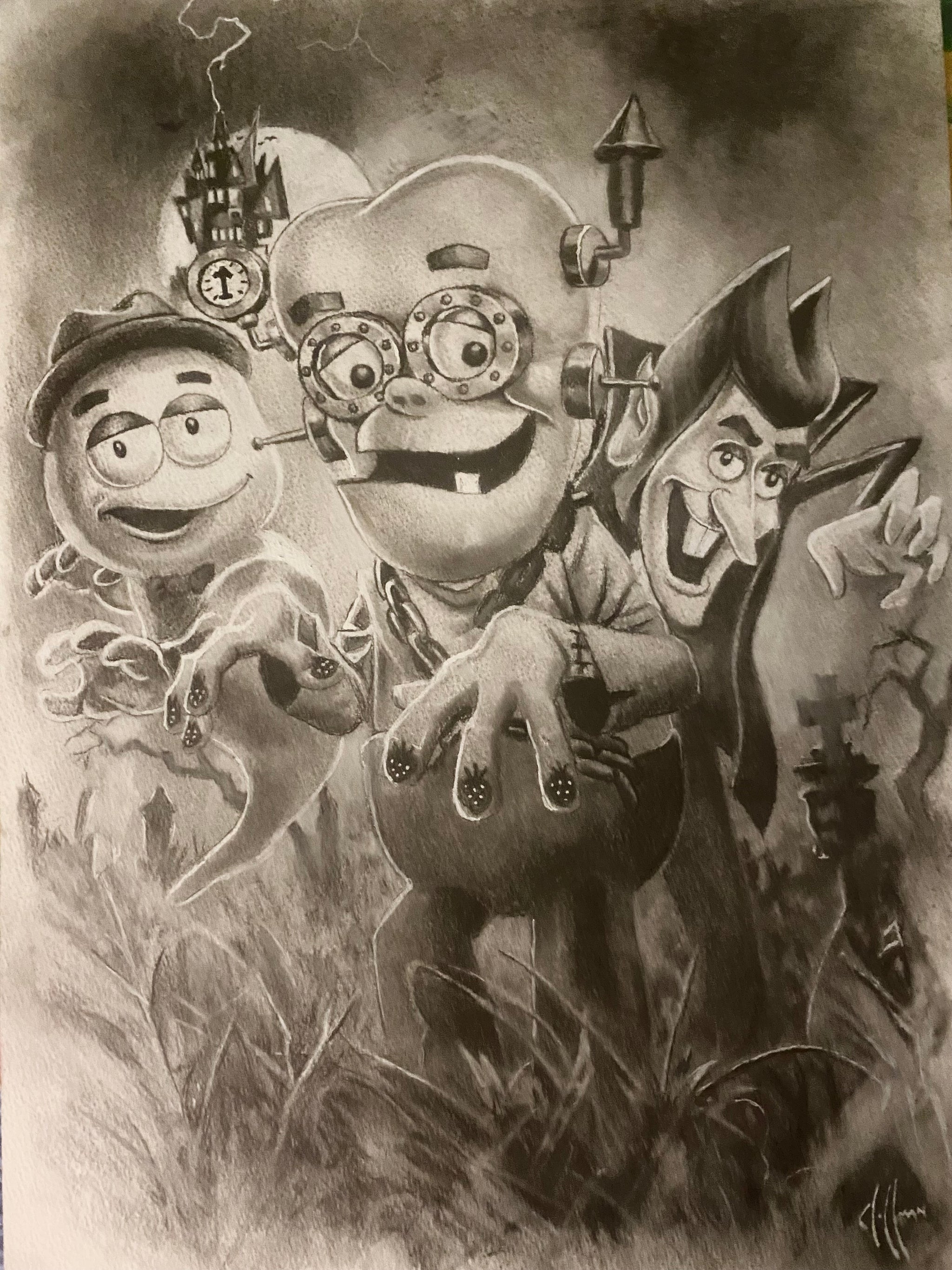 Frankenberry, Count Chocula and Boo Berry Charcoal Wall Art